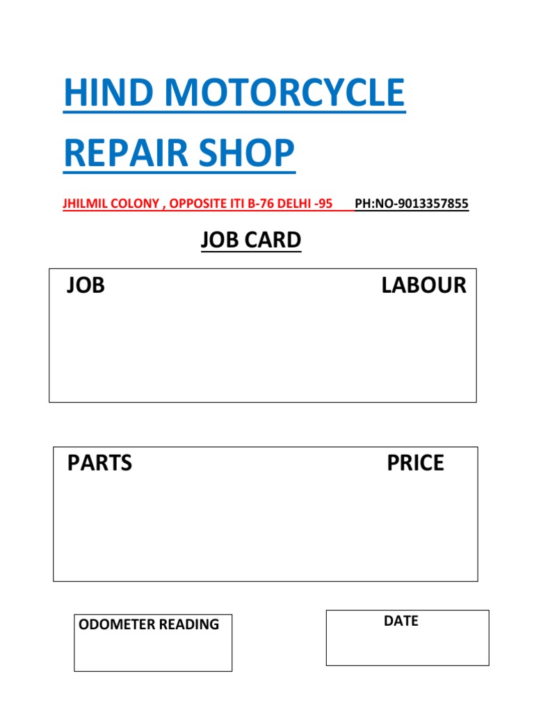 Hind Motorcycle Repair Shop: Job Card Job Labour | PDF | Business ...
