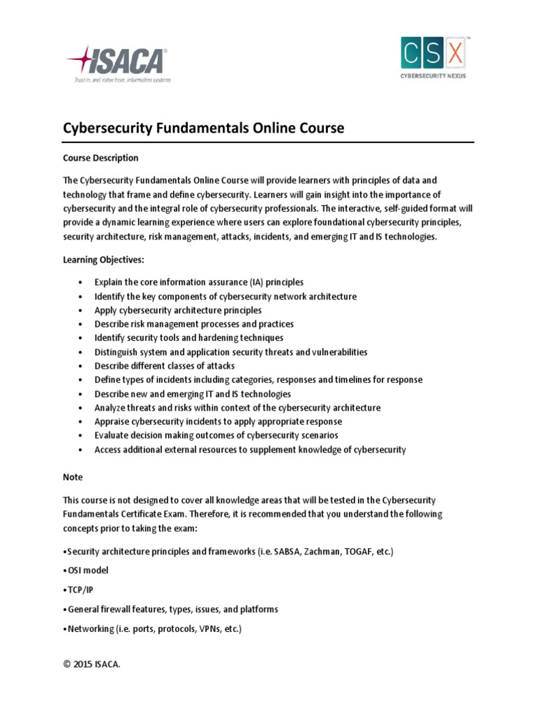 CSX Cybersecurity Fundamentals Online Course Description 2015 Bro Eng ...