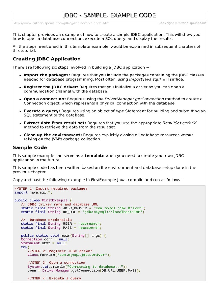 JDBC Sample Code | PDF | Databases | Information Retrieval