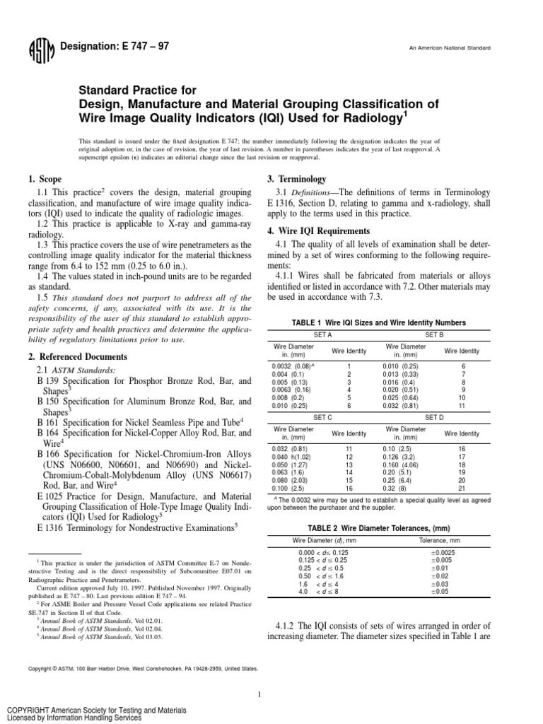E747 97 Wire IQI PDF | PDF | Alloy | Radiography