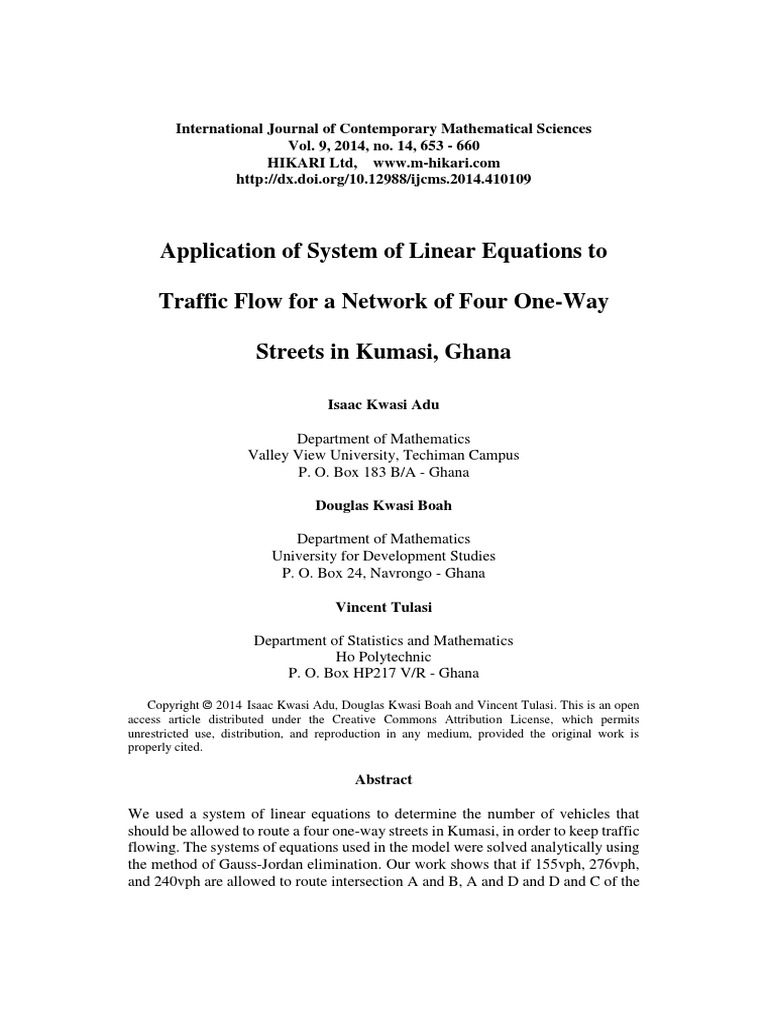 Application of System of Linear Equations To Traffic Flow For A Network ...
