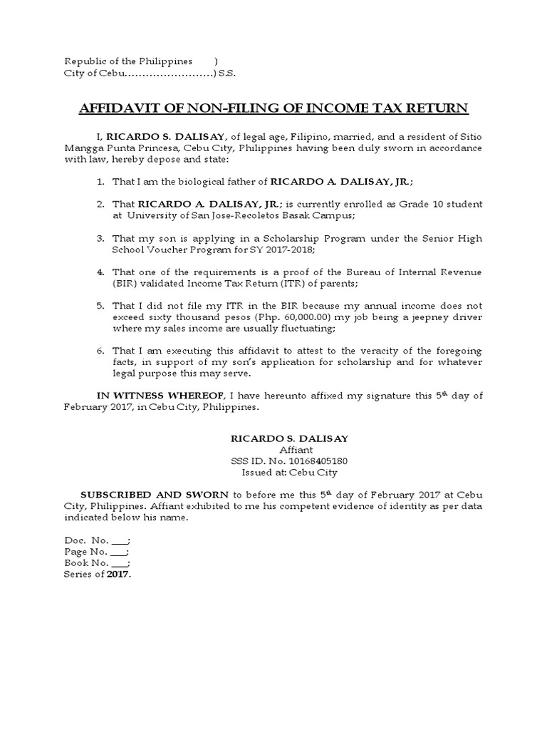 Affidavit of Non-Filing of ITR | Affidavit | Payments