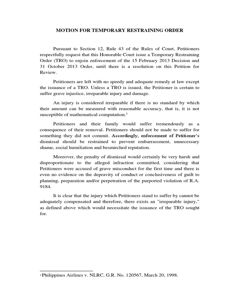 Sample 2 - Motion For TRO | PDF