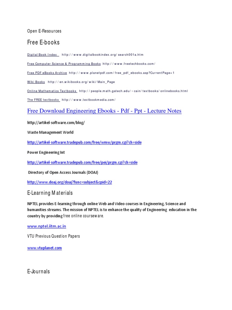 Free E-Books: Free Download Engineering Ebooks - PDF - PPT - Lecture ...