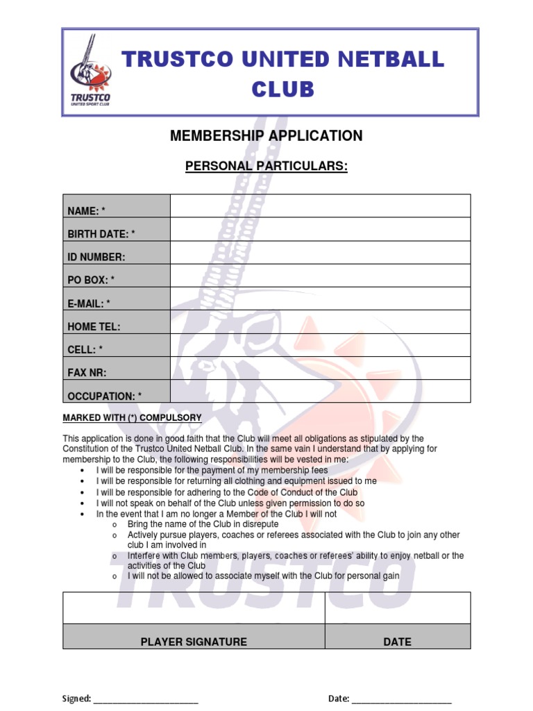 Trustco United Netball Club: Membership Application | PDF | Government ...