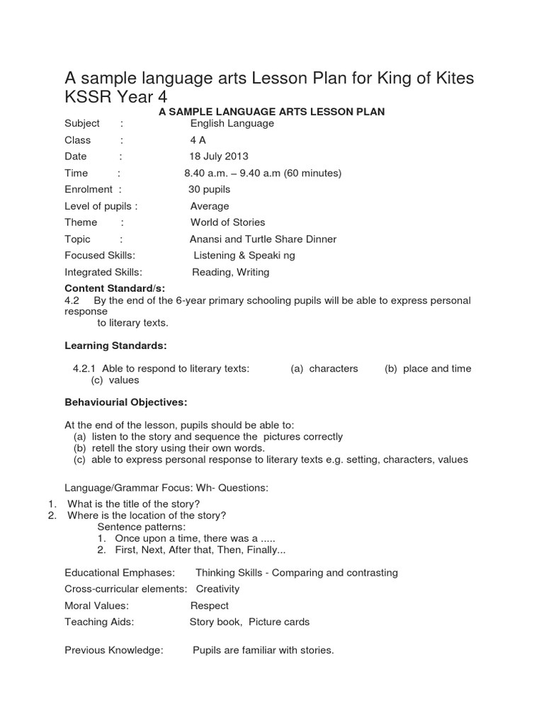 A Sample Language Arts Lesson Plan | PDF | General Fiction