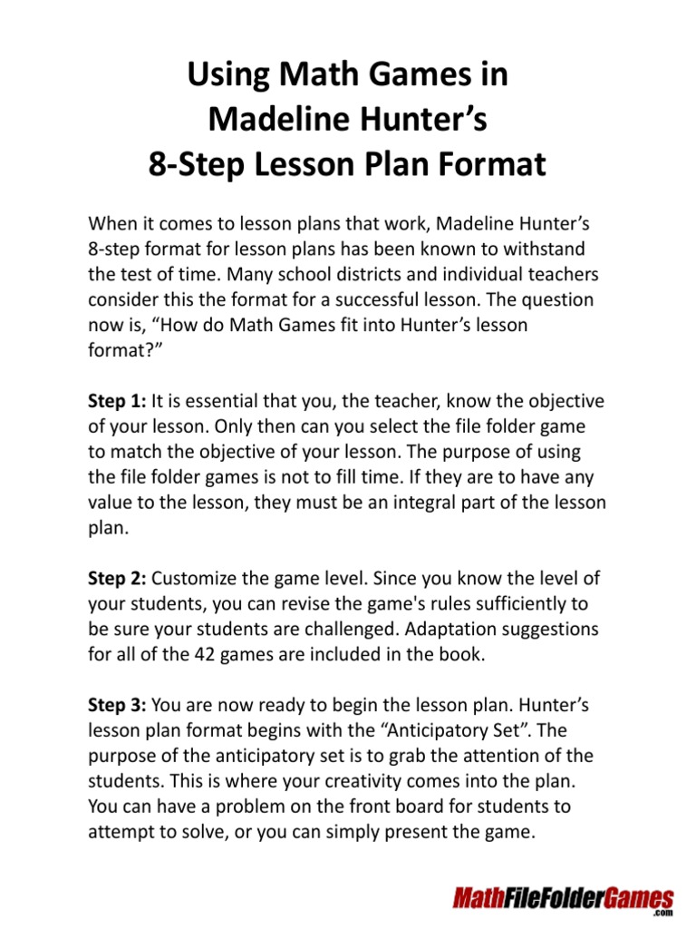 Using Math Games in Madeline Hunter's 8-Step Lesson Plan Format | PDF ...