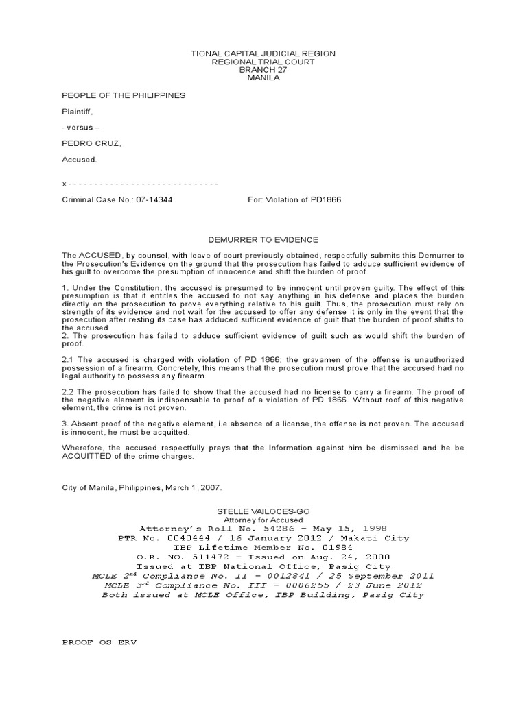 Demurrer To Evidence Sample Form | PDF | Prosecutor | Evidence