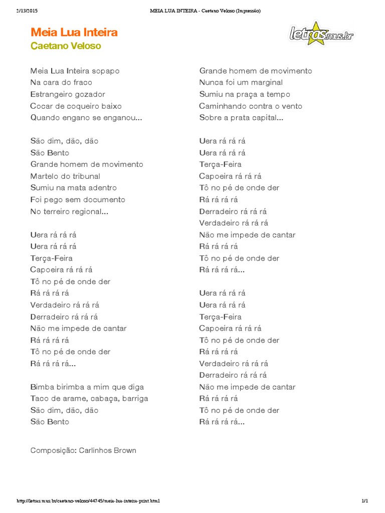 MEIA LUA INTEIRA - Caetano Veloso (Impressão) | Download grátis PDF | Entretenimento (geral ...