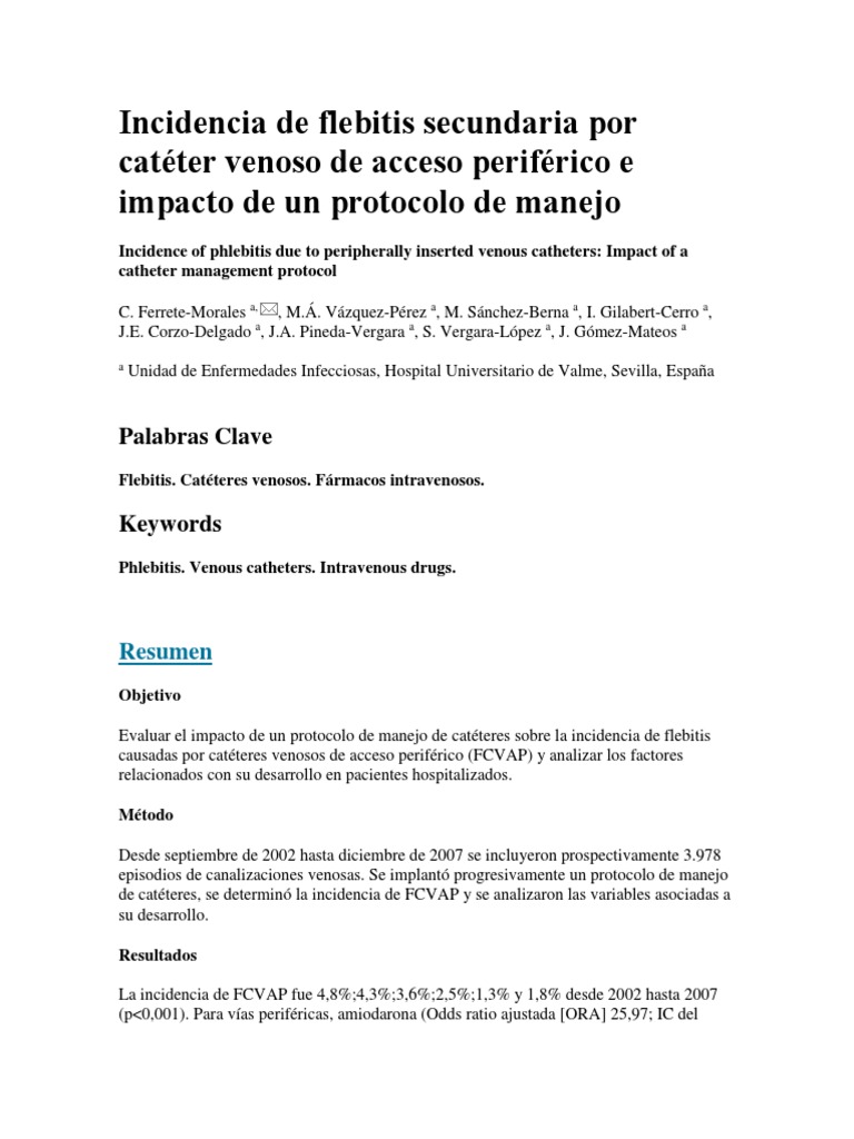 Incidencia de Flebitis Secundaria Por Catéter Venoso de Acceso ...