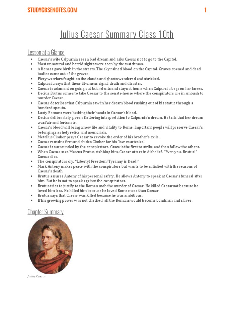 Julius Caesar Summary Class 10th | PDF | Marcus Junius Brutus The ...