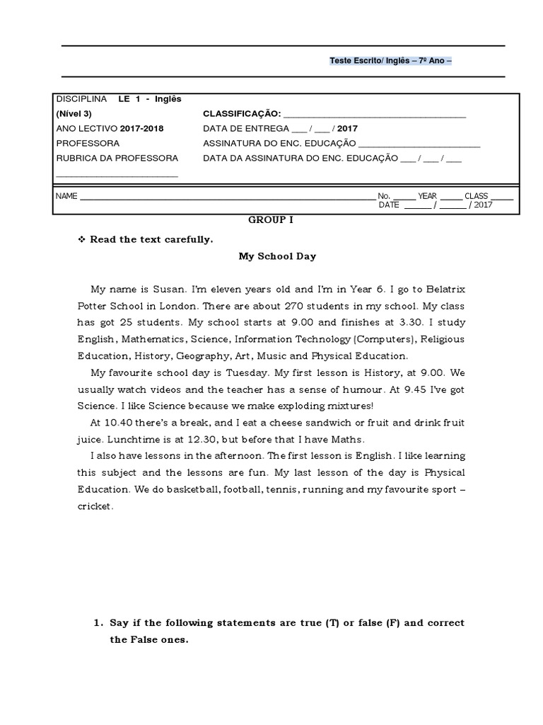 English Test 7º | PDF | Syntax | Grammar