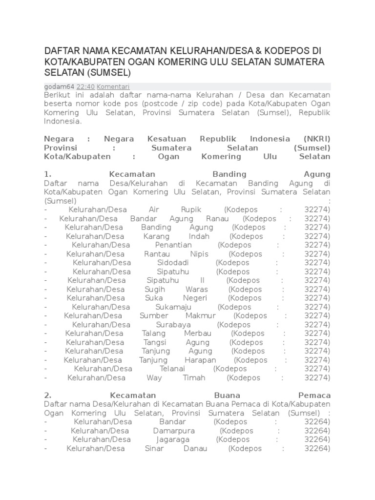 Daftar Nama Kecamatan Kelurahan Okus | PDF | Griya & Taman