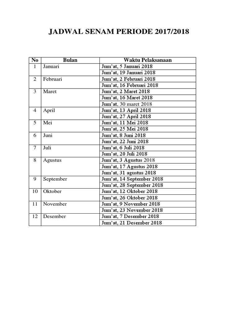 Jadwal Senam 2017/2018 Lengkap | PDF