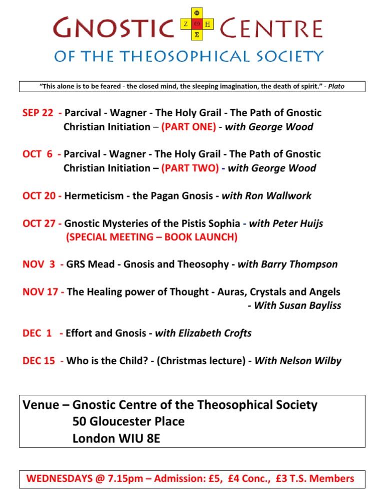 Upcoming Programs For The Gnostic Centre of The Theosophical Society ...