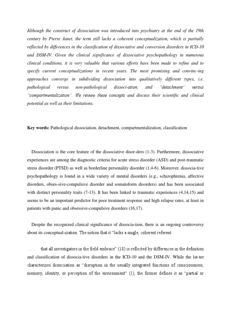 Key Words: Pathological Dissociation, Detachment, Compartmentalization ...