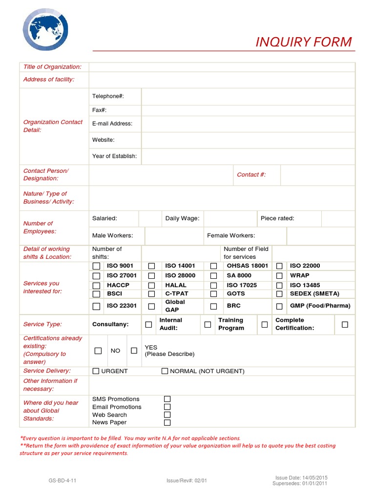 Inquiry Form | PDF | Business | Labour