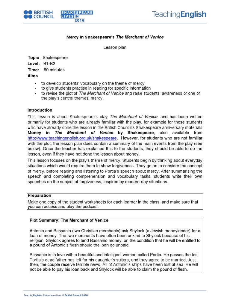 Mercy in Shakespeare's The Merchant of Venice Lesson Plan | PDF | The ...