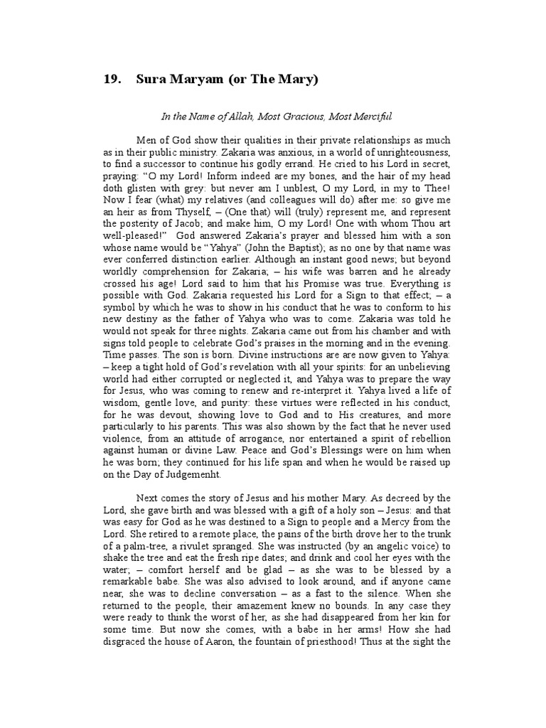 Sura Maryam (Or The Mary) : in The Name of Allah, Most Gracious, Most ...