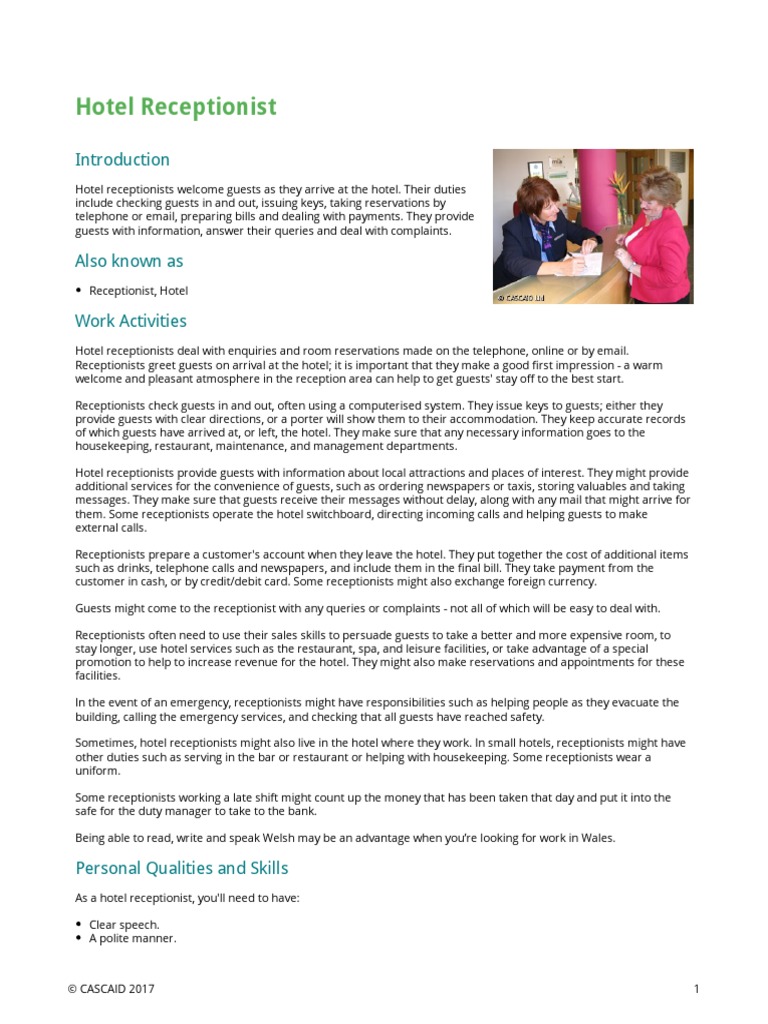 Hotel Receptionist | PDF | Apprenticeship | Gce Advanced Level (United ...
