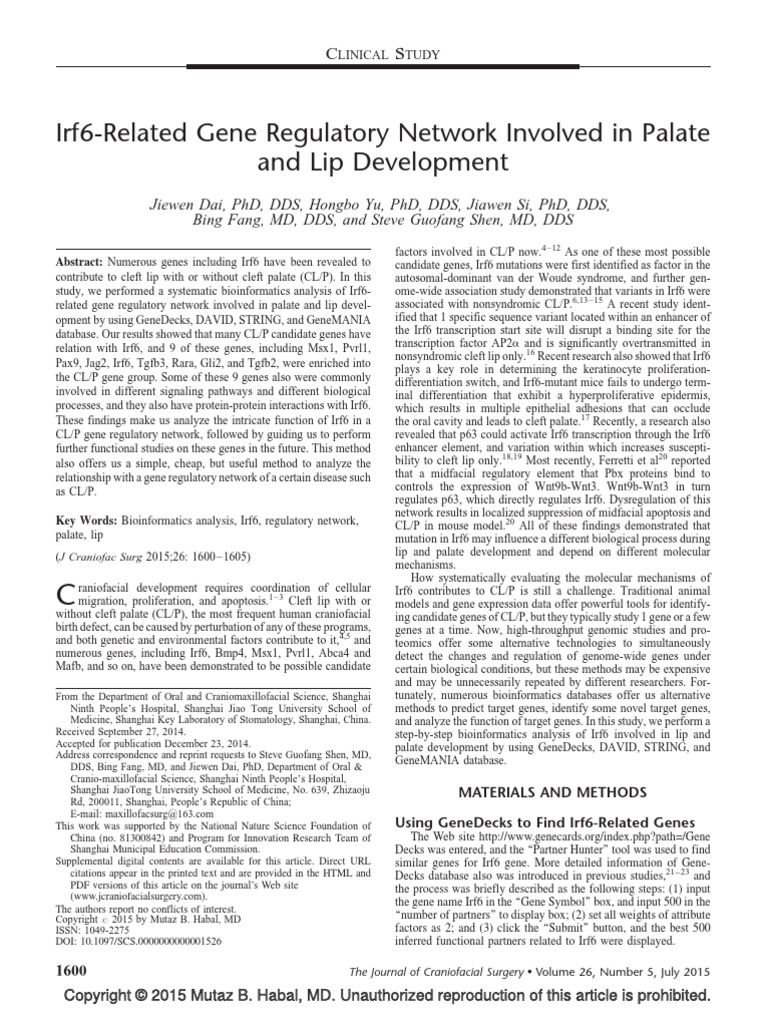 Irf6-Related Gene Regulatory Network Involved in Palate and Lip ...