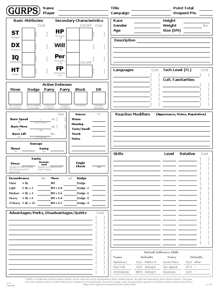 GURPS Starter Character Sheet v1.1 Imperial | PDF | Leisure | Sports