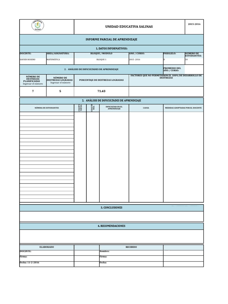 Formatos Informes de Aprendizaje QUIMESTRAL | PDF