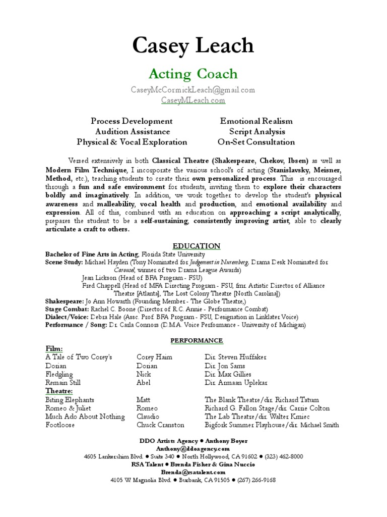 Casey Leach - Acting Coach | PDF | Oral Literature | Theatre