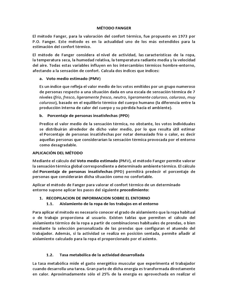 Método Fanger Resumen | PDF | Calor | Temperatura