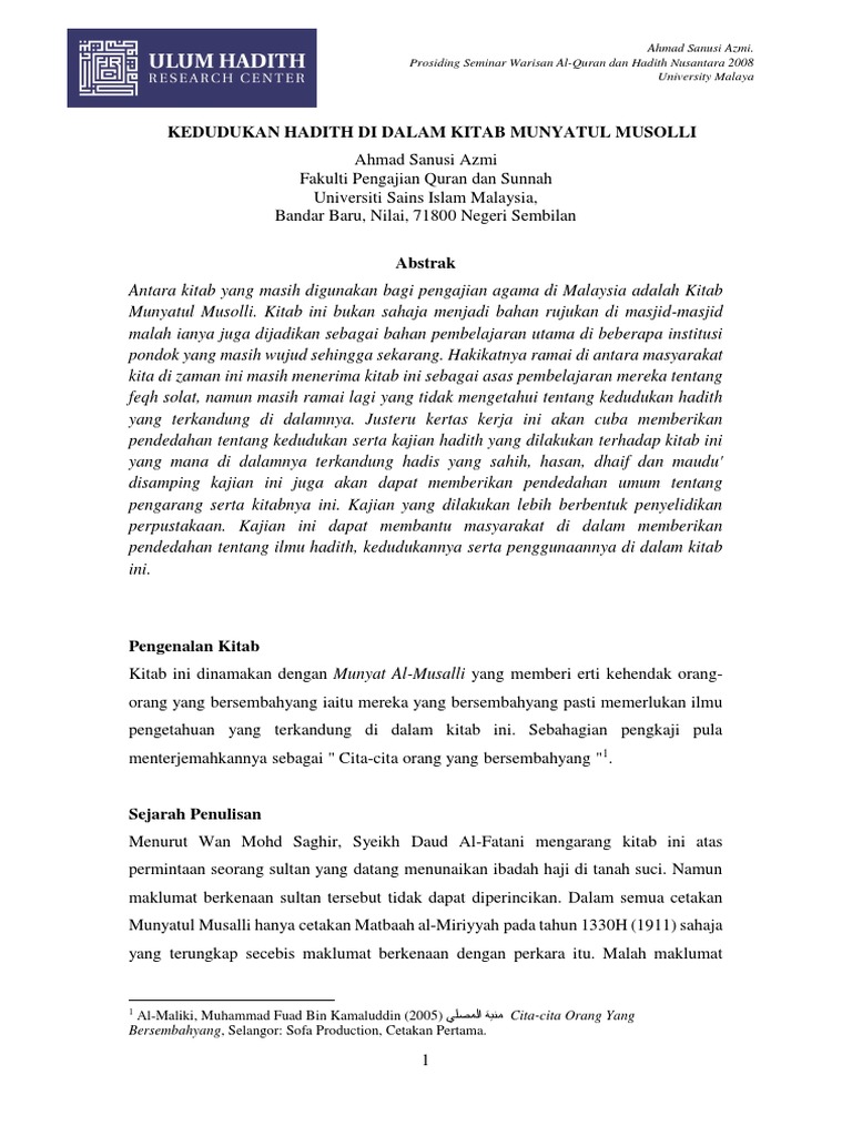 Kedudukan Hadith Di Dalam Kitab Munyatul Musolli | PDF