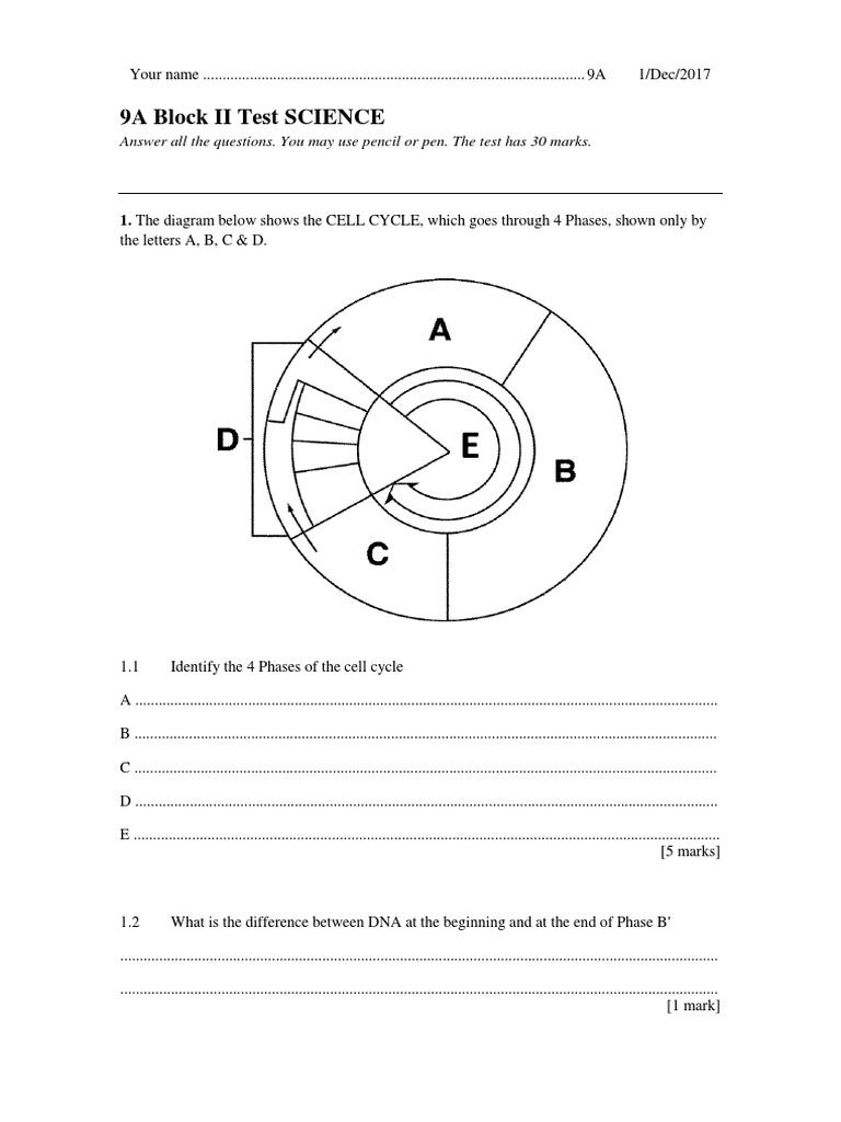 9A Block II Test SCIENCE: Answer All The Questions. You May Use Pencil ...
