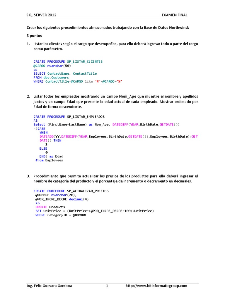 Examen Final de SQL Server 2012 - Procedimientos Almacenados | PDF | Servidor SQL de Microsoft ...