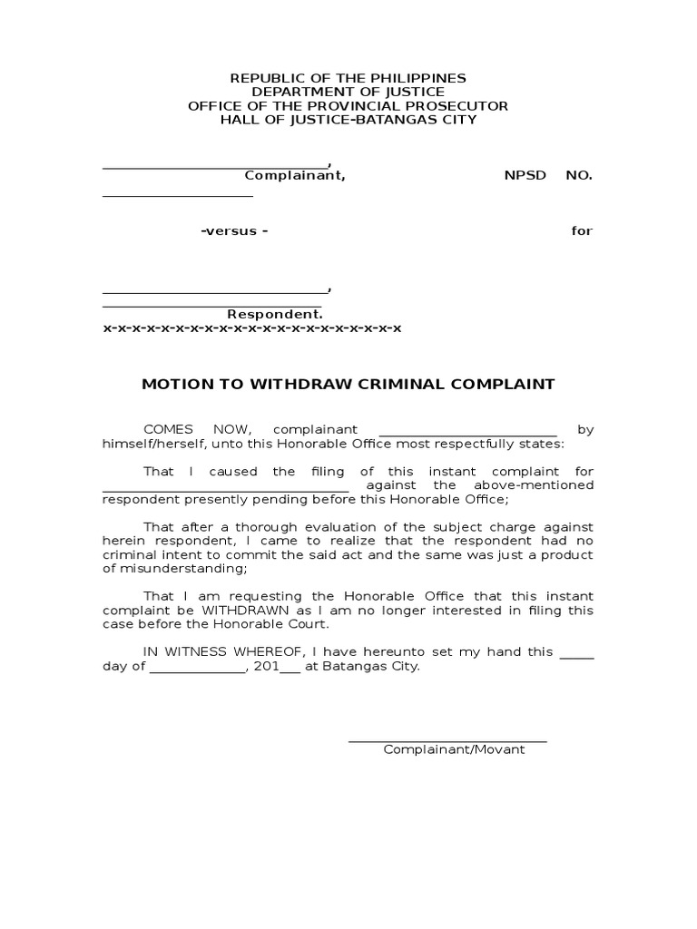 Motion 2 Withdraw Complaint Blank Form | PDF