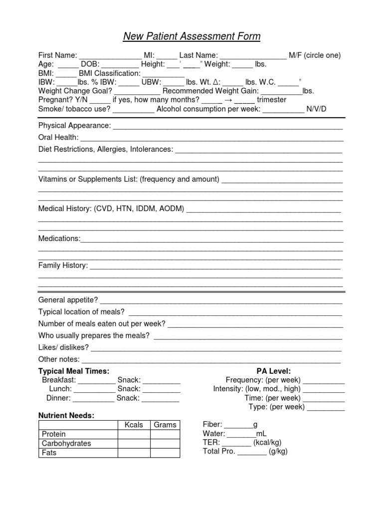 New Patient Assessment Form | PDF | Meal | Pregnancy