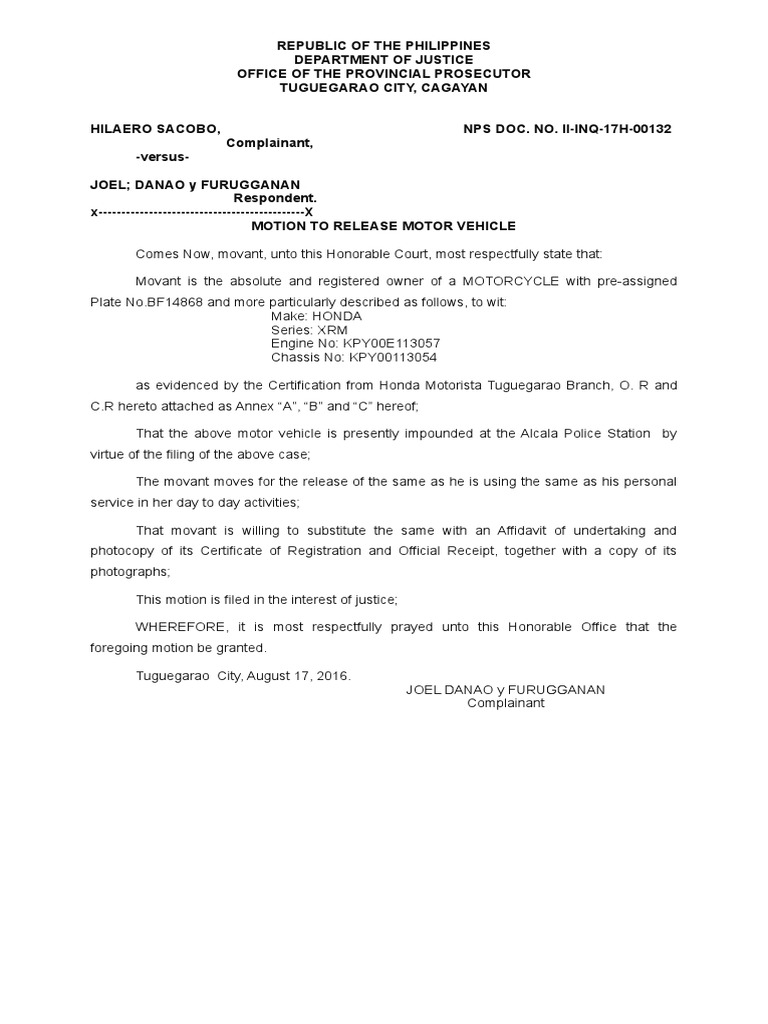 Motion To Release Motor Vehicle | PDF
