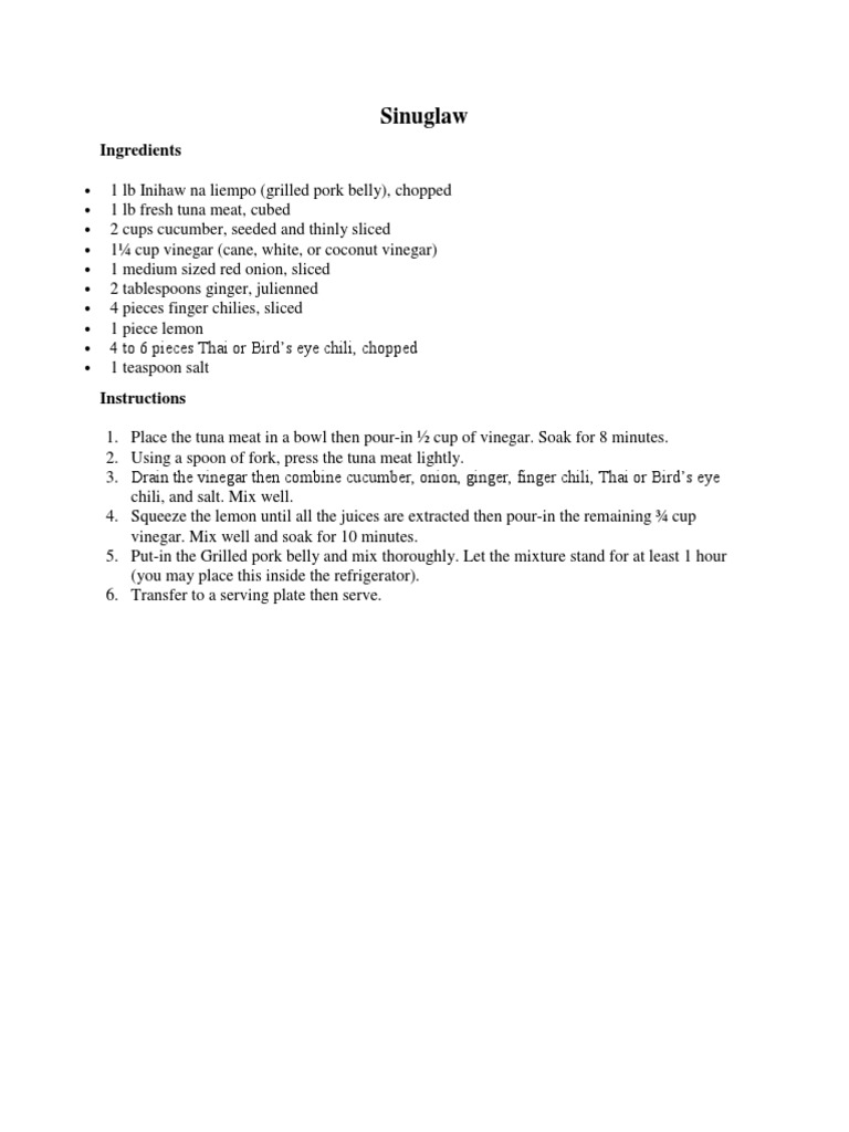 Sinuglaw Recipe with Pork and Tuna | PDF