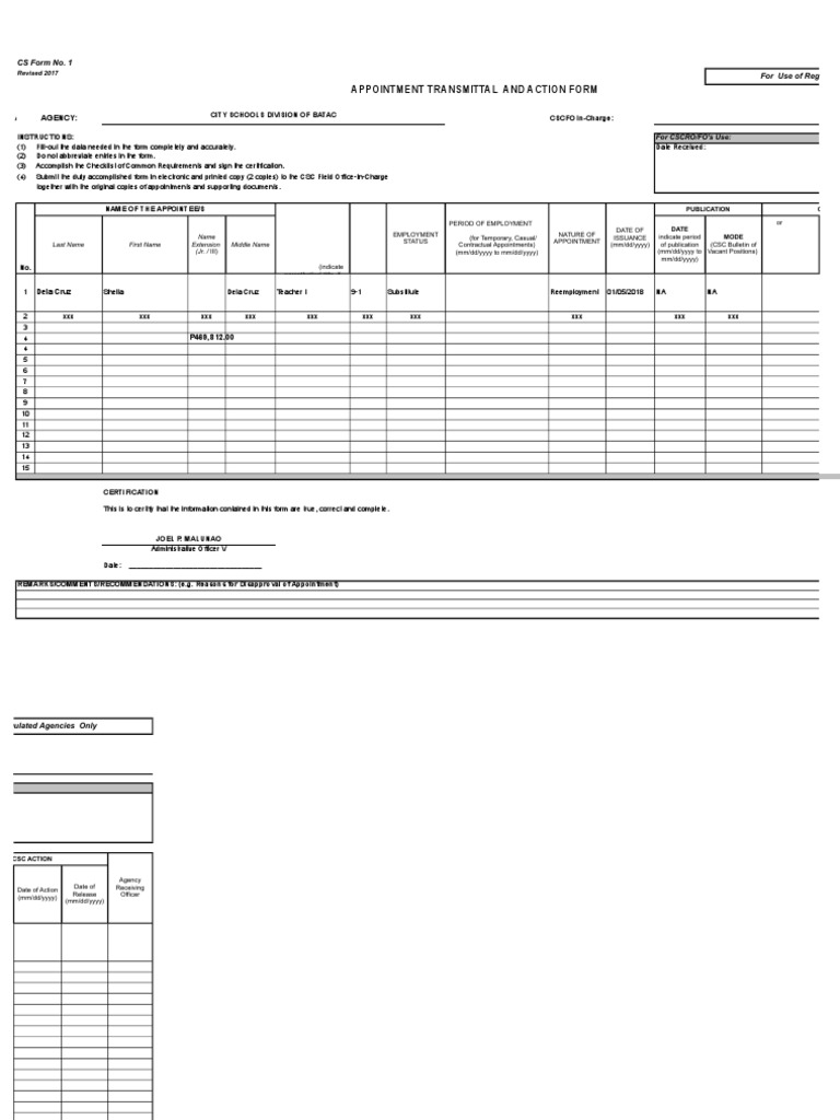 CS Form No. 1 Appointment Transmittal and Action Form | Download Free ...