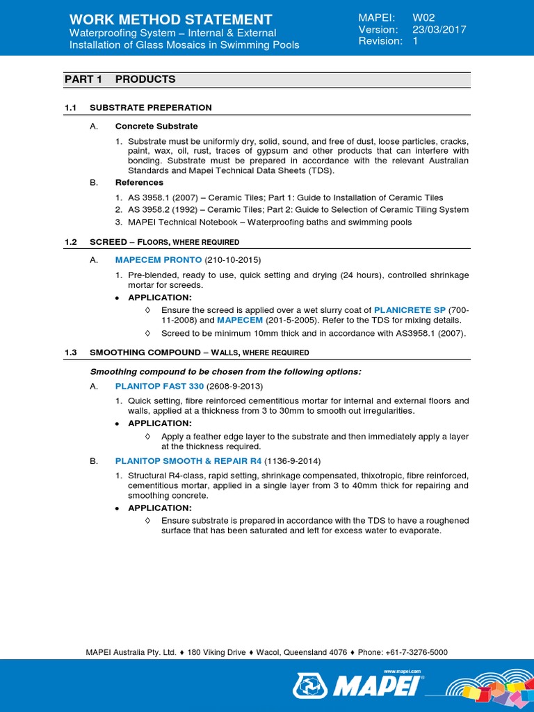 Water Proofing W02 Work Method Statement Pdf Tile Adhesive