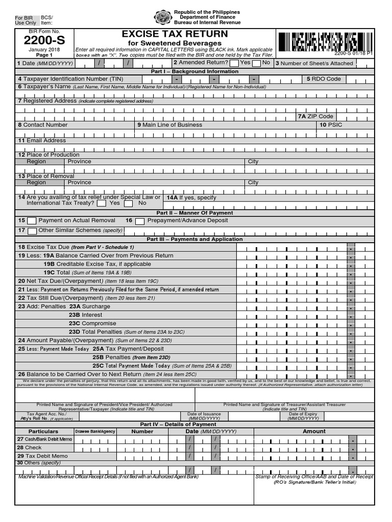 BIR Form 2200-S: Excise Tax for Beverages | PDF | Drink | Government ...