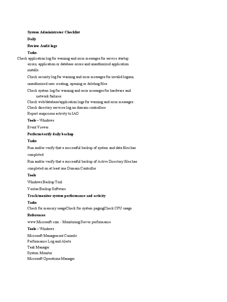 System Administrator Checklist | PDF | Backup | Microsoft Windows