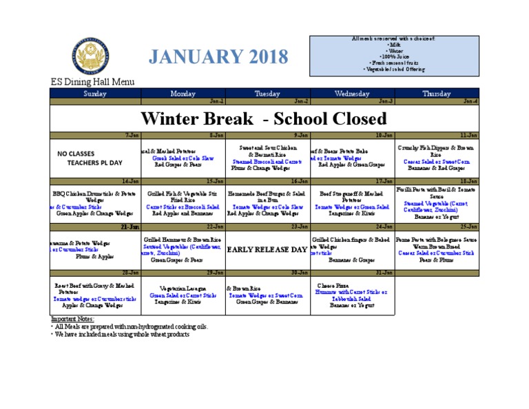 ES - Dining Hall Menu January 2018 | PDF | Zucchini | Salad