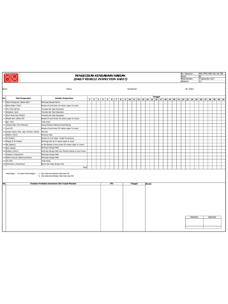 Form Checklist Pengecekan Kendaraan | PDF