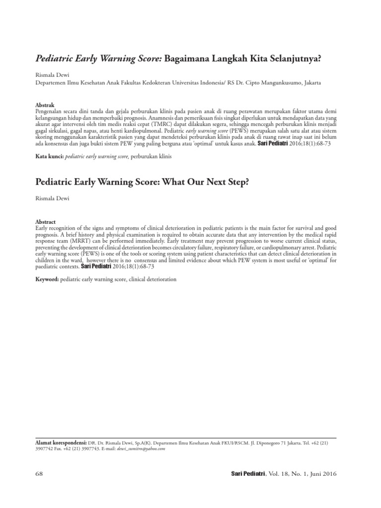 Pediatric Early Warning Score Bagaimana Langkah Ki | PDF