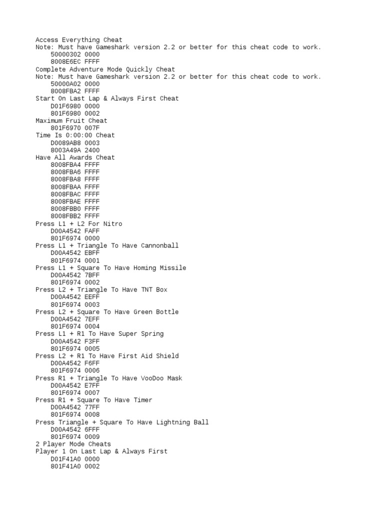 Code Gameshark For CTR | Download Free PDF | Nintendo | Video