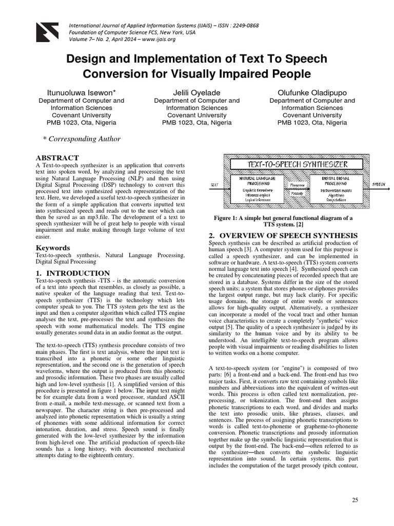 Design and Implementation of Text To Speech Conversion For Visually Impaired People | PDF ...