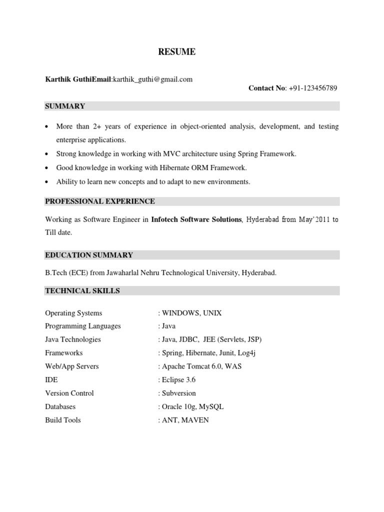 Resume: Contact No: +91-123456789 | PDF | Java Server Pages | Java (Programming Language)