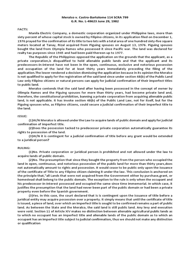 2.meralco v. Castro-Bartolome 114 SCRA 799 | PDF | Adverse Possession ...