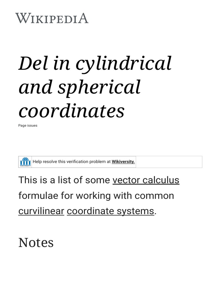 Del in Cylindrical and Spherical Coordinates - Wikipedia | Download ...
