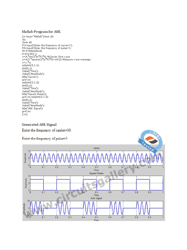 Matlab Simulation of Amplitude Shift Keying (ASK) Modulation and Demodulation | PDF