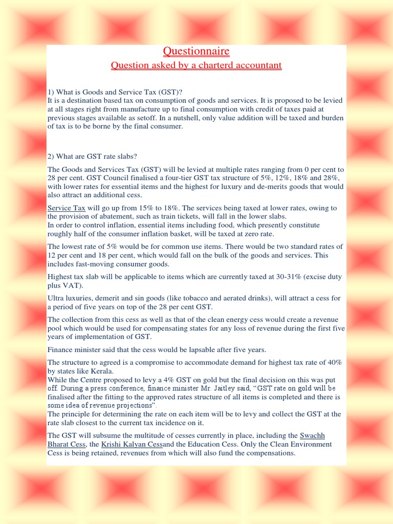 Questionnaire On GST | Download Free PDF | Value Added Tax | Excise